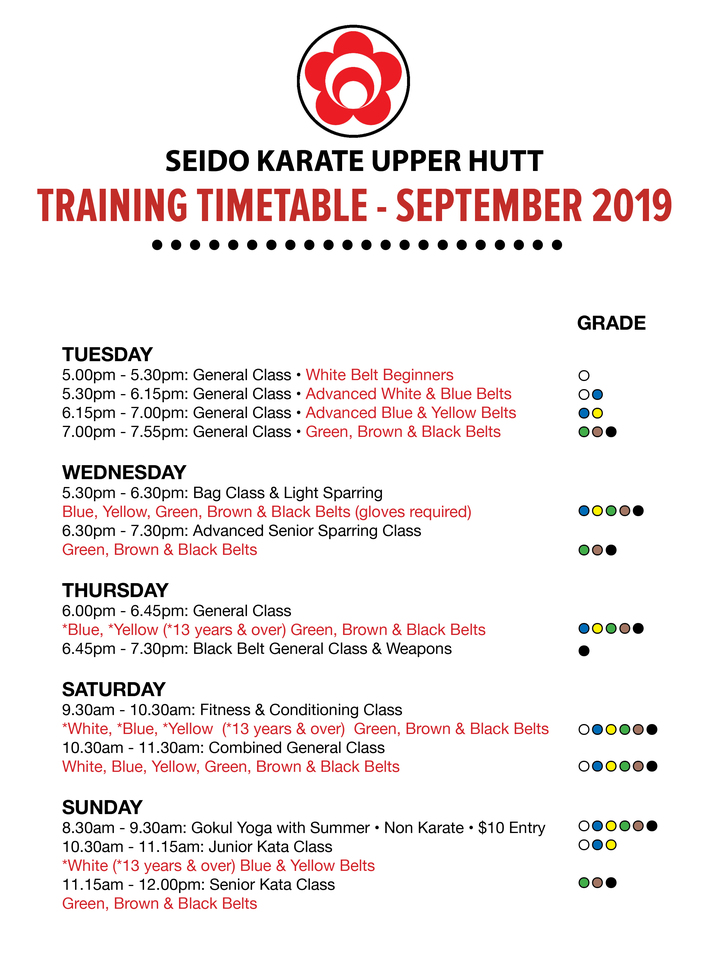 Seido Karate Upper Hutt Training Timetable